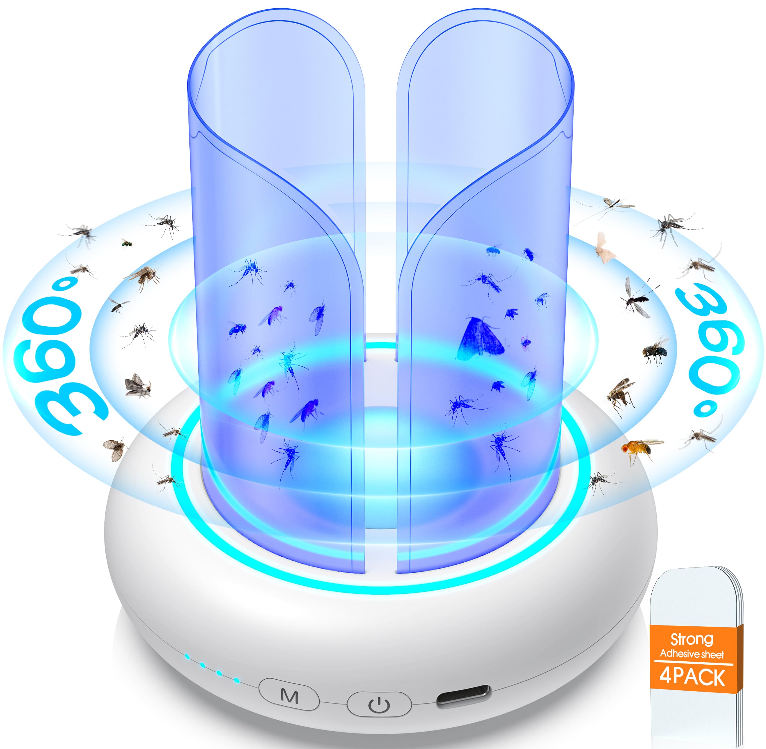 Camfeast 360° Flying Insect Trap with 60h USB Rechargeable Battery, Get-rid Food, Plant Fruit-Fly Killer, Night Light Catcher for Gnat, Noseeum, Flies, Housefly, Trap on Indoor House, Insectos Trampa