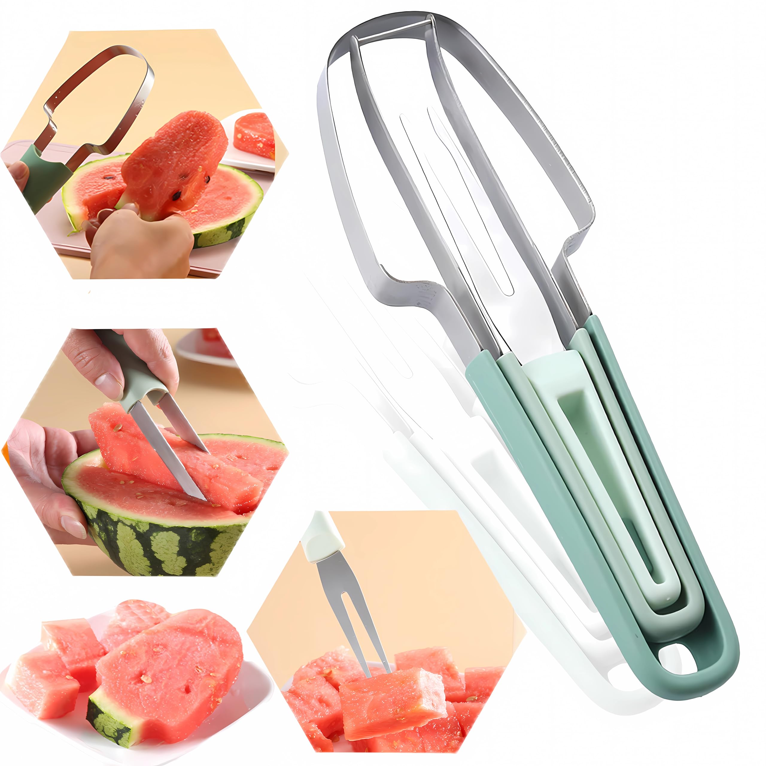 FMOYSIEN Watermelon Cutter Slicer Tool,3-in-1 Stainless Steel Watermelon Cutter Watermelon Popsicle Cutter Watermelon Fork Fruit Cutting Tool for Kitchen Utility Gadgets