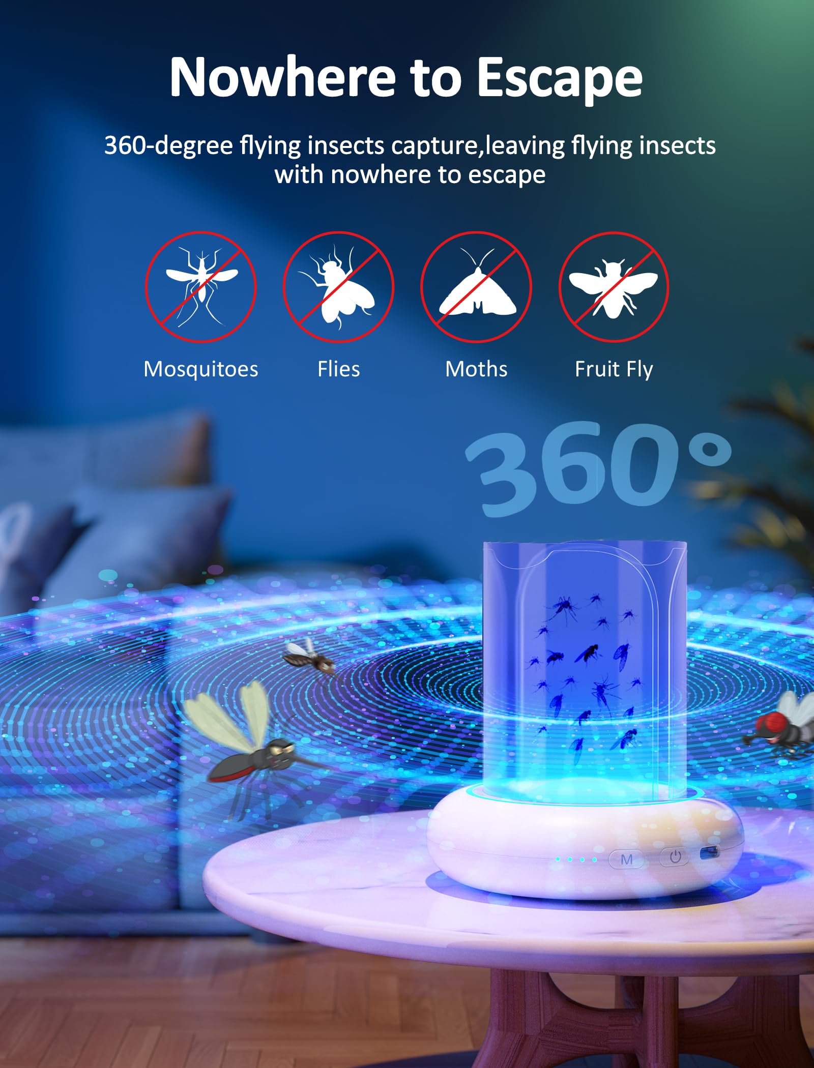 Camfeast 360° Flying Insect Trap with 60h USB Rechargeable Battery, Get-rid Food, Plant Fruit-Fly Killer, Night Light Catcher for Gnat, Noseeum, Flies, Housefly, Trap on Indoor House, Insectos Trampa