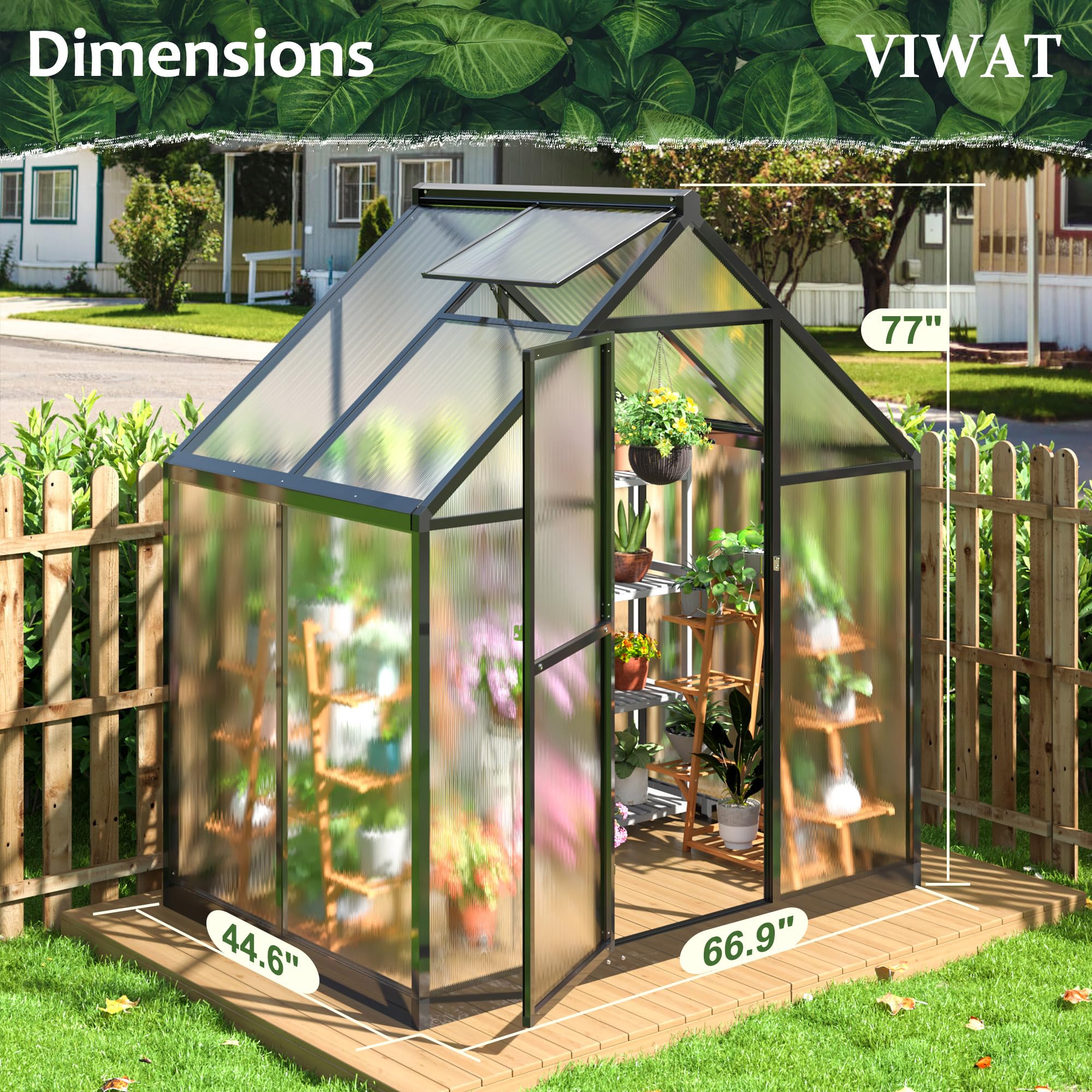 VIWAT 4x6 FT Greenhouse for Outdoors, Polycarbonate Greenhouse with Quick Setup Structure and Roof Vent, Aluminum Large Walk-in Greenhouse for Outside Garden Backyard, Black