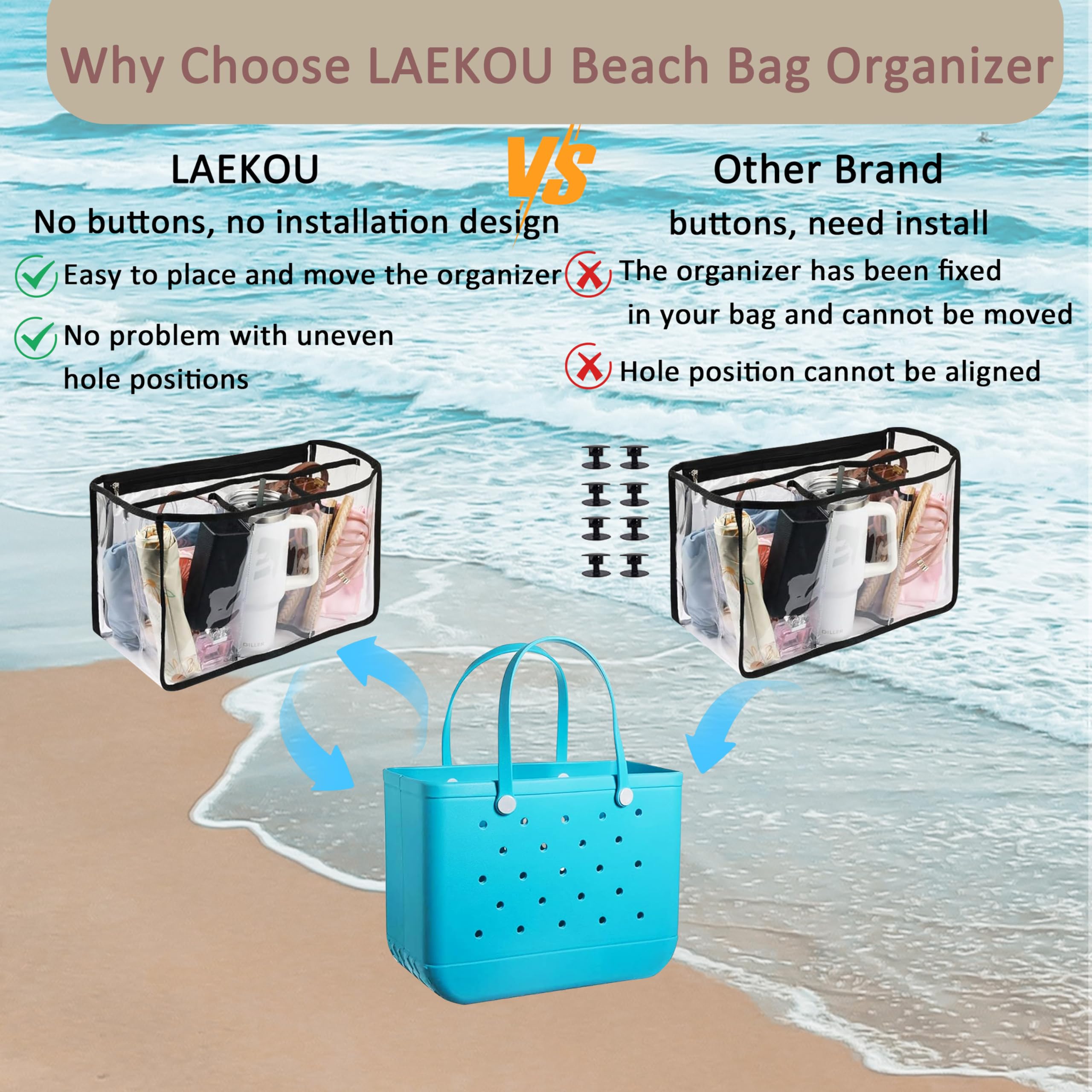 LAEKOU Beach Bag Organizer Designed for Bogg Bag Accessories X Large Divider, 2PCS Key Insert Charm Holder Designed for Bogg Bag, Transparent & Black