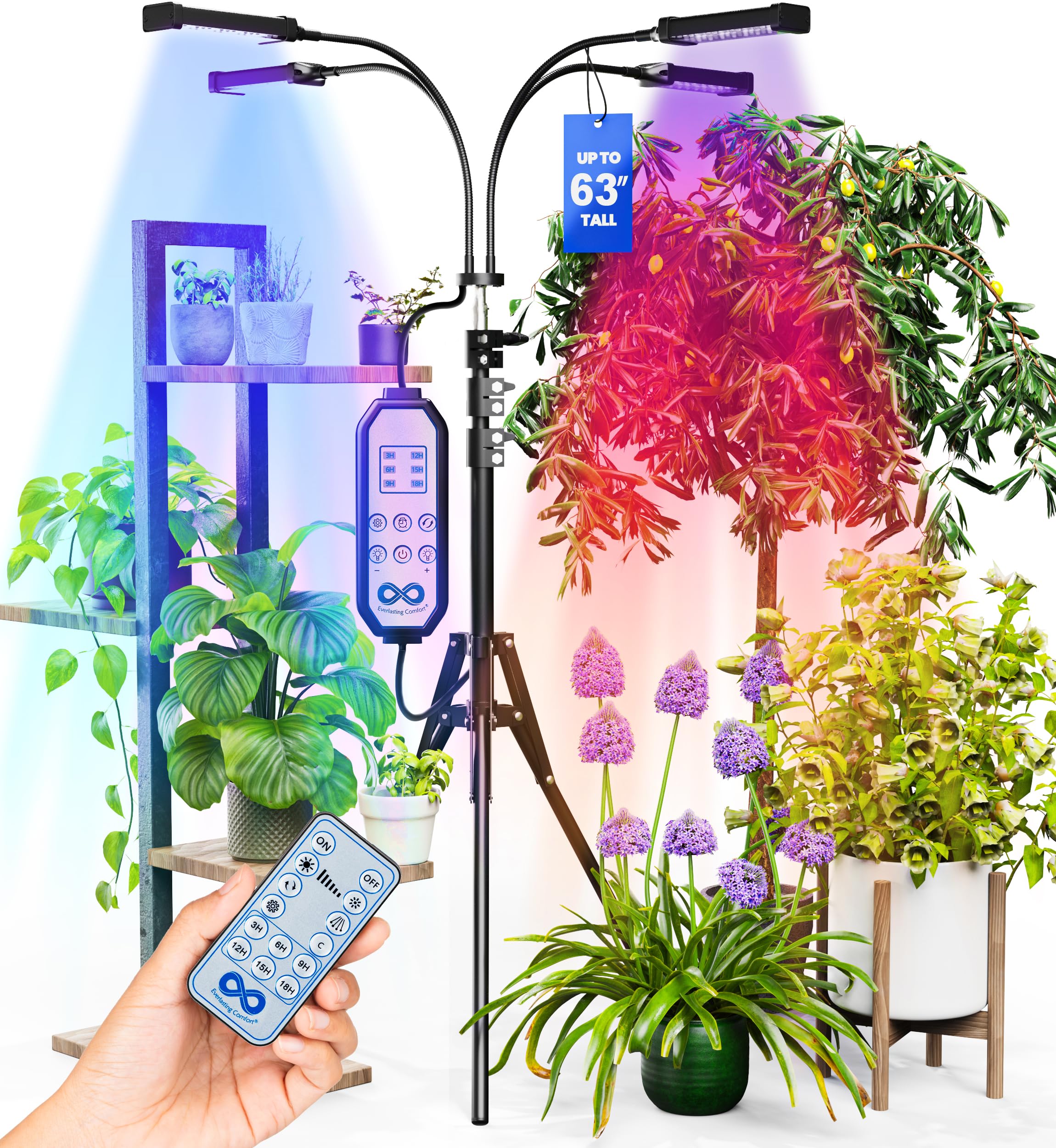 Everlasting Comfort Grow Lights for Indoor Plants Full Spectrum - Plant Lights for Indoor Growing (4 Lamps), 3-18 Hour Timer, Adjustable 63" Tripod, LED Grow Lights, Plant Light for Seed Starting