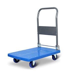 generic hand trucks plastic deck hand truck moving platform cart with metal foldable handle silent wheels for office bookstore high capacity trolley push cart (size : blue-large-silent)