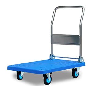 generic hand truck plastic platform truck with mute wheels and foldable metal handle for transport baggage books moving push hand trolley high load folding cart (size : 300-mutetone), black,blue