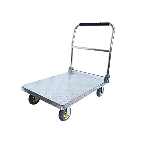 Generic Push Cart Dolly Push Cart Stainless Steel Trolley Heavy Duty Load Capacity Platform Truck with Foldable Handle and Silent Swivel Wheels for Moving Pla, 440lb