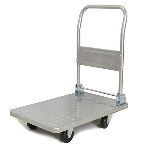 Generic Flatbed Hand Cart Steel Platform Truck Heavy Duty Small Flat 4-Wheel Trolley with Foldable Handle High Load Capacity for Household Daily Moving Heavy Duty Flatbed Cart (Size : 550lbs-silent)