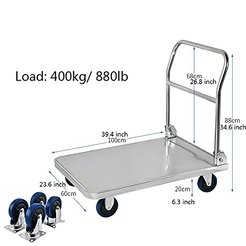 Flatbed Hand Cart Stainless Steel Platform Truck Foldable Handle Thicken Panel for Luggage Tools Appliances Transport High Bearing Capacity Push Cart Heavy Duty Flatbed Cart (Color : 201, Si