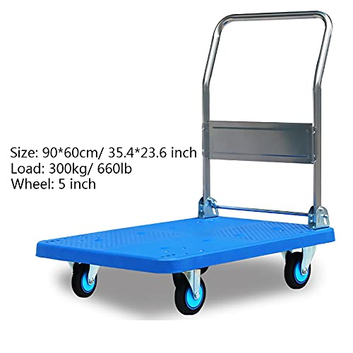 Generic Hand Truck Plastic Platform Truck with Mute Wheels and Foldable Metal Handle for Transport Baggage Books Moving Push Hand Trolley High Load Folding Cart (Size : 300-mutetone), Black,blue