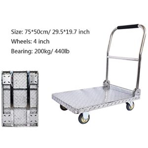 Generic Push Cart Dolly Push Cart Stainless Steel Trolley Heavy Duty Load Capacity Platform Truck with Foldable Handle and Silent Swivel Wheels for Moving Pla, 440lb