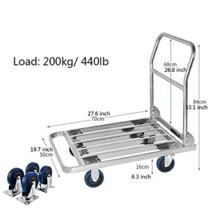 Generic Platform Hand Truck Foldable Hand Truck Heavy Duty Stainless Push Cart Flatbed Trolley with Hollow Out Platform for Luggage Baggage Moving Transport Foldable (Size : 50 * 70)