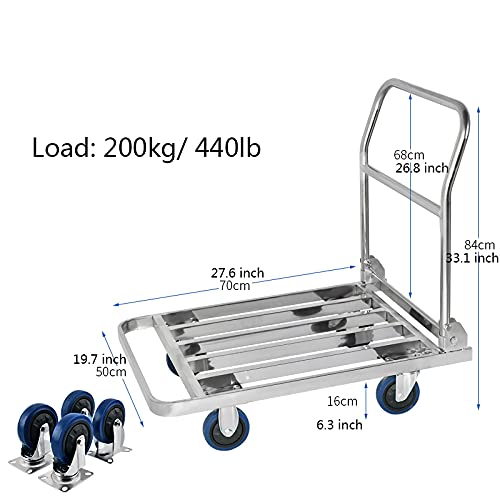 Generic Platform Hand Truck Foldable Hand Truck Heavy Duty Stainless Push Cart Flatbed Trolley with Hollow Out Platform for Luggage Baggage Moving Transport Foldable (Size : 50 * 70)