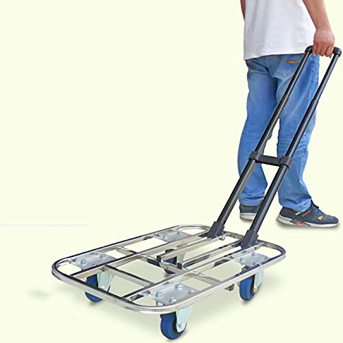 Generic Flatbed Hand Cart Folding Hand Truck Stainless Steel Square Tube Hollow Out Platform Cart with Telescopic Lever Lightweight for Shopping Travel Heavy Duty Flatbed Cart (Size : 69 * 50-4in wh