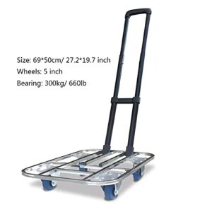 Generic Flatbed Hand Cart Folding Hand Truck Stainless Steel Square Tube Hollow Out Platform Cart with Telescopic Lever Lightweight for Shopping Travel Heavy Duty Flatbed Cart (Size : 69 * 50-4in wh