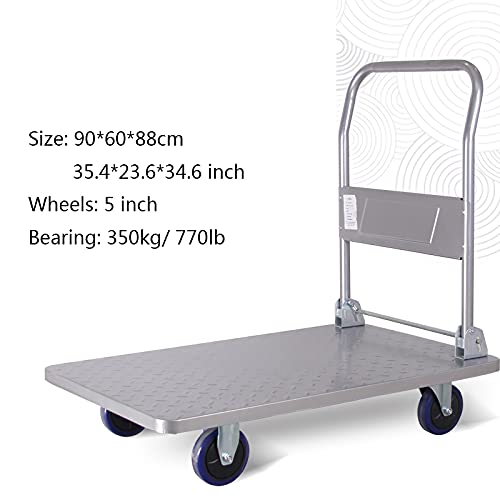 Generic Hand Truck Heavy Duty Platform Truck Steel Large Foldable Hand Cart with Handle and Swivel Wheels for Luggage Flowerpots Goods Moving Trolley Utility Cart (Size : 770lbs-silent)