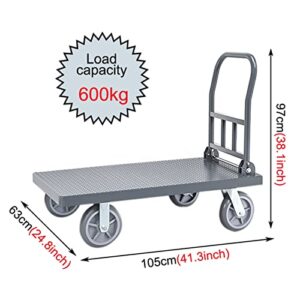 Generic Hand cart with Folding Steel Platform,Push cart Foldable Heavy Duty, Non-Slip Surface, Maximum Load 600 kg with 4 Wheels (Size : 105 * 63 * 97CM)