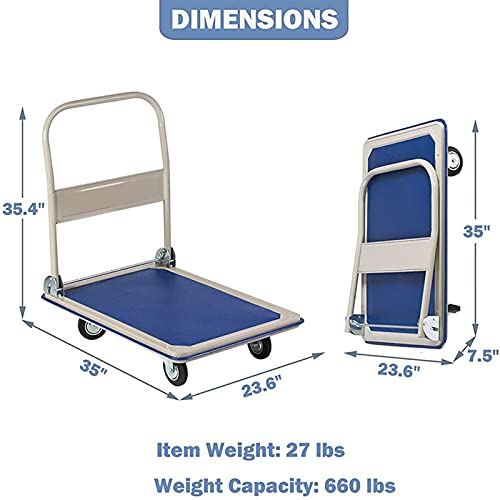 Generic Platform Hand Truck Folding Platform Cart Heavy Duty Hand Truck Moving Push Flatbed Trolley for Warehouse Home Office Factory 660 lbs Weight Capacity Push Dolly for Loading