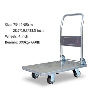 Generic Platform Trucks Steel Platform Truck Heavy Duty Small Flat 4-Wheel Trolley with Foldable Handle High Load Capacity for Household Daily Moving Platform Cart, 660lbs