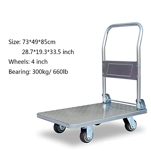 Generic Platform Trucks Steel Platform Truck Heavy Duty Small Flat 4-Wheel Trolley with Foldable Handle High Load Capacity for Household Daily Moving Platform Cart, 660lbs