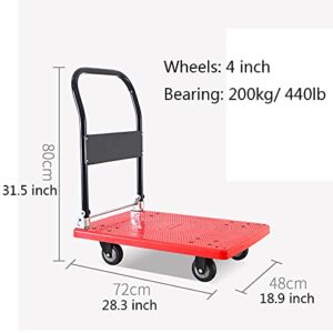 Generic Hand Truck Flatbed Cart Small Platform Truck with Plastic Deck and Metal Handle Folding Trolley Easy Storage and High Load Capacity Red Utility Cart (Size : 440lb-4in Wheels)