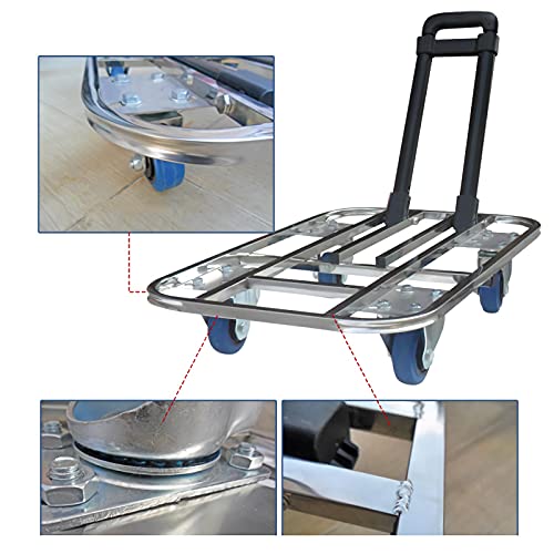 Generic Flatbed Hand Cart Folding Hand Truck Stainless Steel Square Tube Hollow Out Platform Cart with Telescopic Lever Lightweight for Shopping Travel Heavy Duty Flatbed Cart (Size : 69 * 50-4in wh