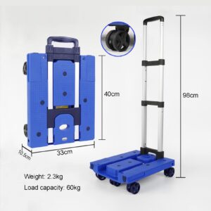 Generic Hand Trucks Folding Hand Truck, Car Luggage Transport Trolleys, 60kg Capacity Heavy Duty 4-Wheel 360° Rotating Cart, Easy to Store (Color : Blue) (Blue)