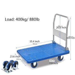 Generic Push Cart Dolly Platform Hand Truck with Quiet Wheels Moving Trolley Cart with Foldable Handle and High Weight Capacity for Factories Shops Platform T, 60*90