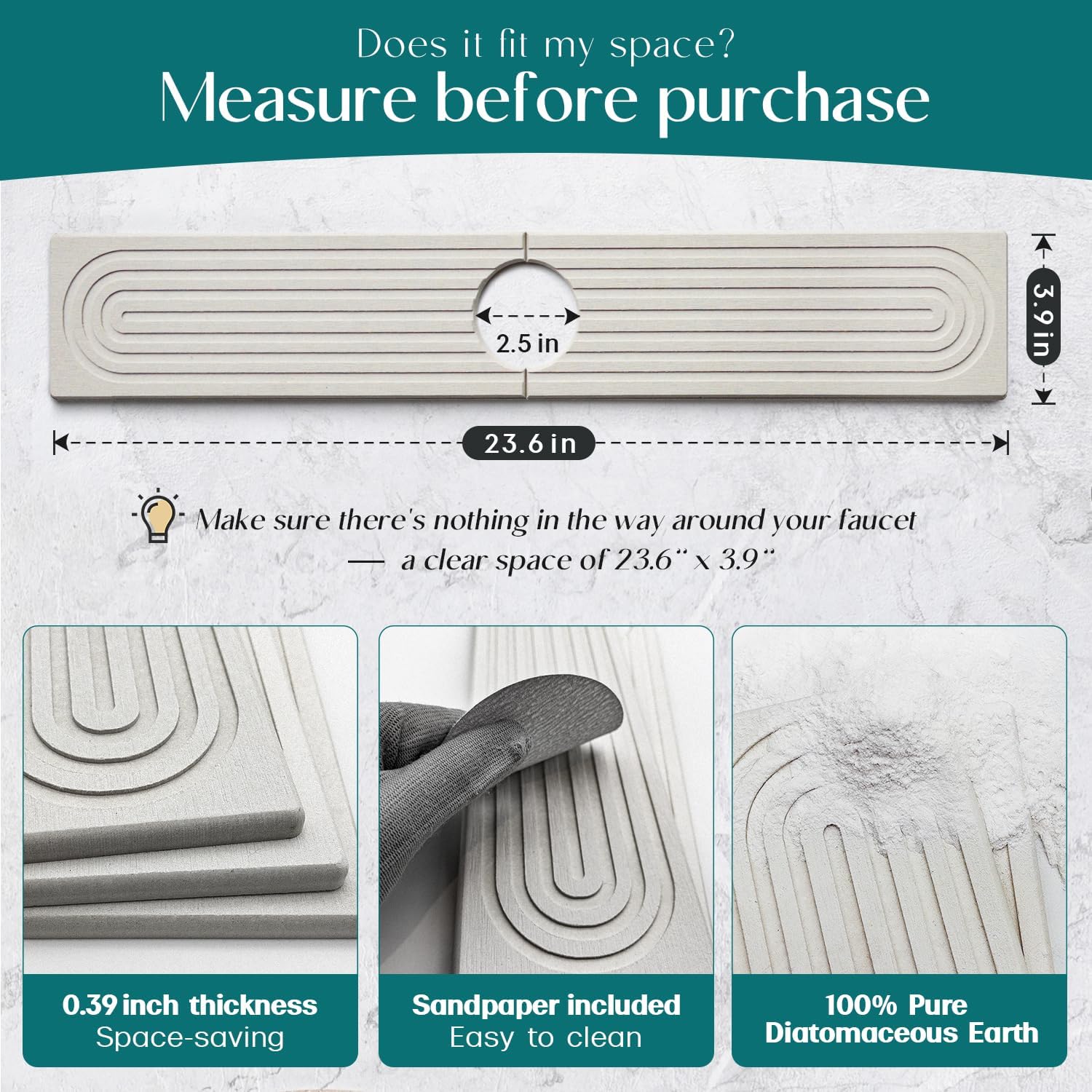 Faucet Mat for Kitchen Sink - 24'' Long Diatomite Fast Drying Stone Sink Tray, Super Absorbent, Prevents Moisture Buildup - Faucet Splash Guard for Bathroom Counter [Light Grey, Includes Sandpaper]