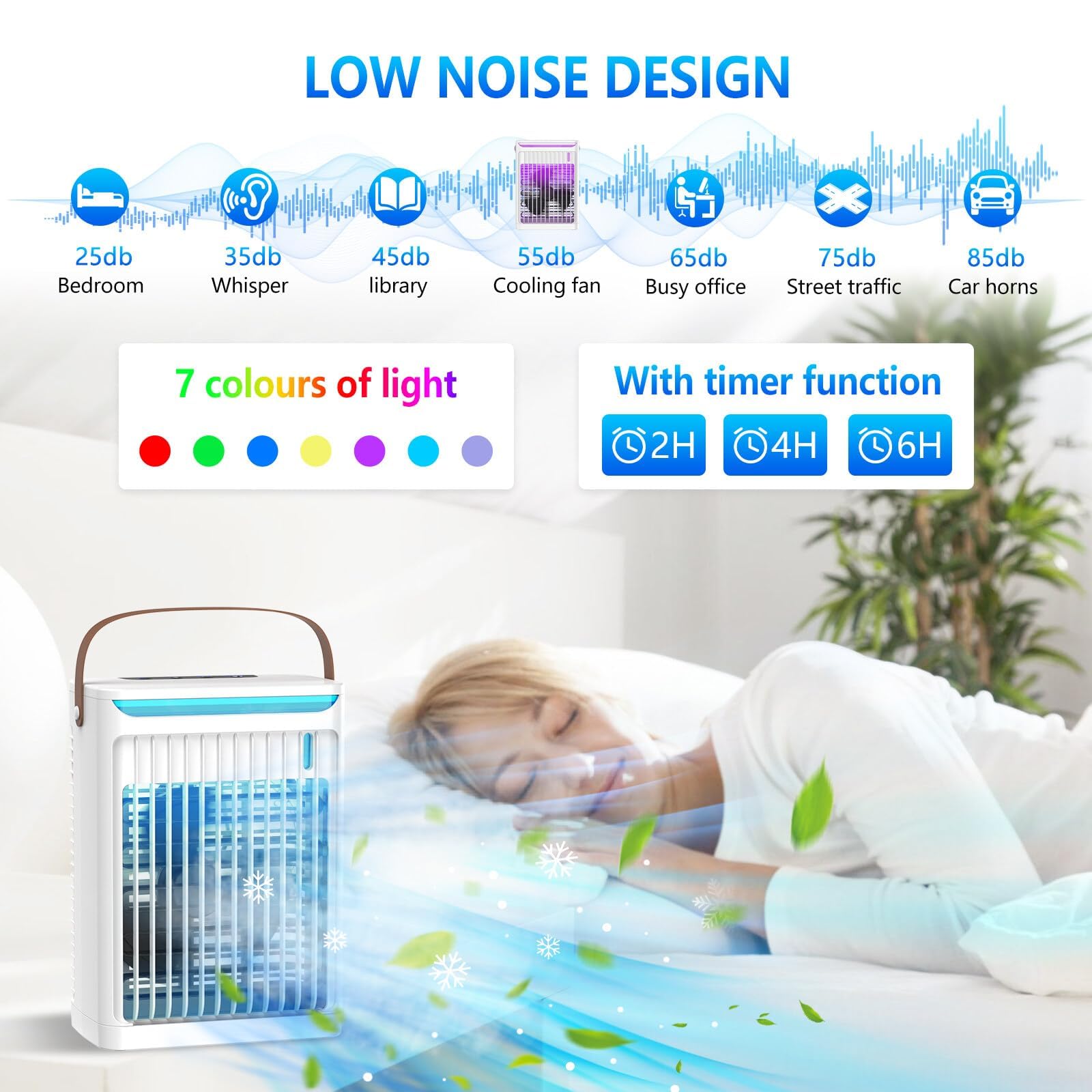 Portable Air Conditioners, Portable AC Cooling Fan with 5 Wind Speeds, 680ml Evaporative Air Conditioner, 7 LED Light, 2-8H Timer, 2 Cool Mist Air Conditioners Humidifier Fan for Home Office Room