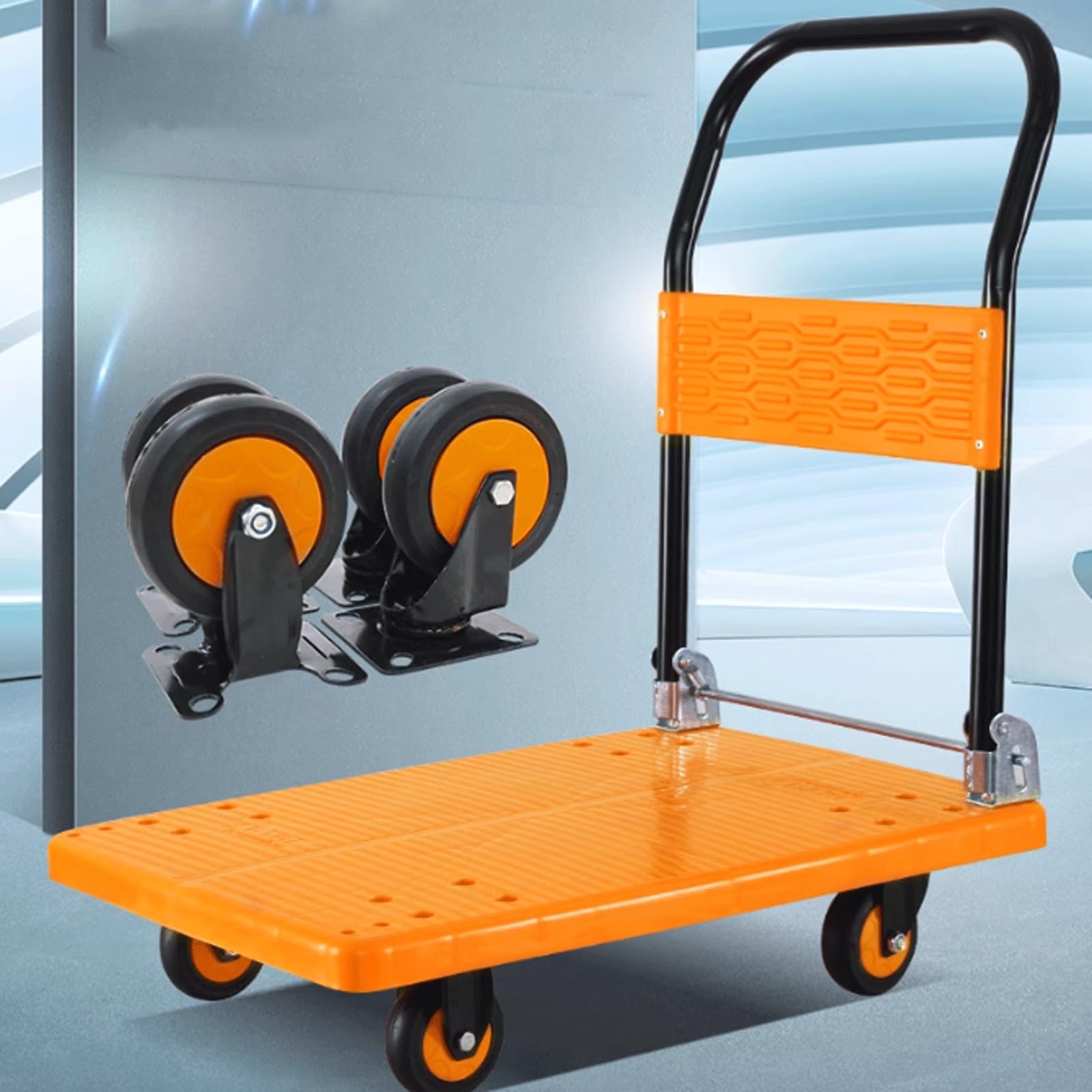 Generic Heavy Duty Silent Flatbed Household Folding Trolley Portable Pull Push Truck Trailer Flatbed Trolley for Home Use, Large, Orange