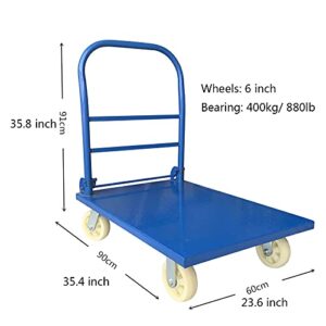 Hand Trucks Steel Plate Trolley 4-Wheels Flatbed Truck with Foldable Handle High Load Capacity for Warehouse Farmhouse Folding Pallet Cart Push Cart (Size : 880lb(90 * 60))