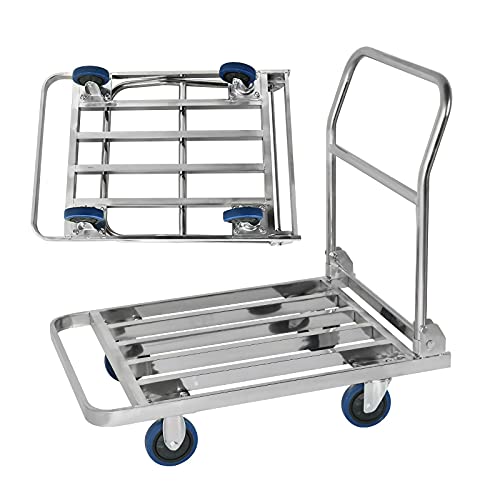 Push Cart Dolly Foldable Hand Truck Heavy Duty Stainless Push Cart Flatbed Trolley with Hollow Out Platform for Lage Baggage Moving Transport Platform