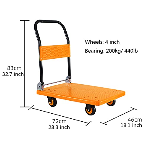 Generic Flatbed Hand Cart Platform Truck Silent Wheels for 360 Degree Push Cart with Foldable Handle for Home Office Shops High Capacity Plastic Deck Heavy Duty Flatbed Cart (Size : 72 * 46-440lb)