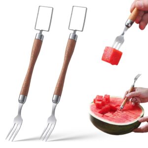 2 in 1 stainless steel fruit cutter, 2024 new portable dual head watermelon cutter slicer tool, stainless steel watermelon fork slicer cutter for summer family party camping (wood*2)