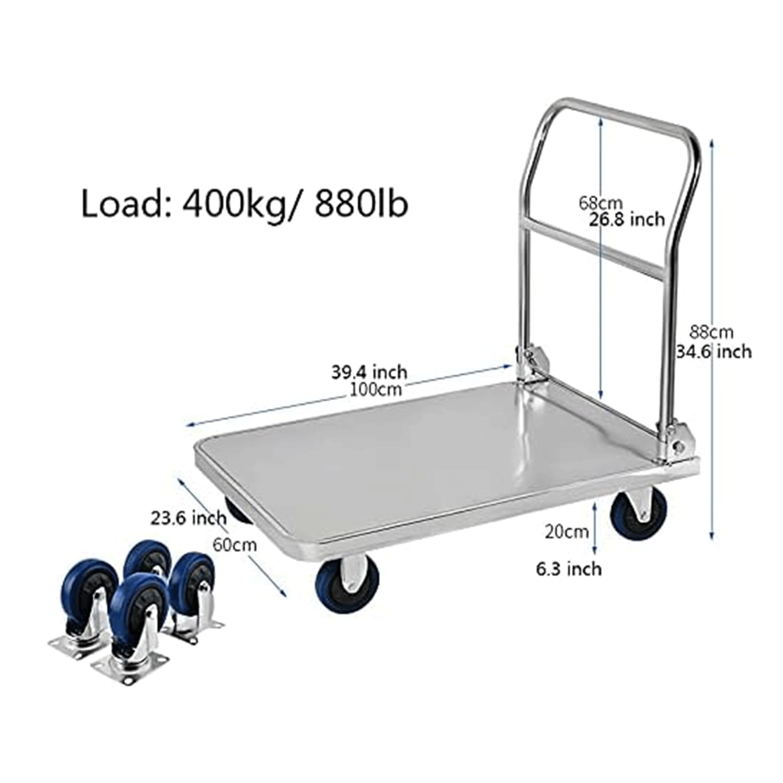 Platform Truck Flat Handtruck Stainless Platform Truck with 4 Wheel Moving Dolly Cart Load 660lb/880lb Folding Push Cart Heavy Flatbed Cart Reliable