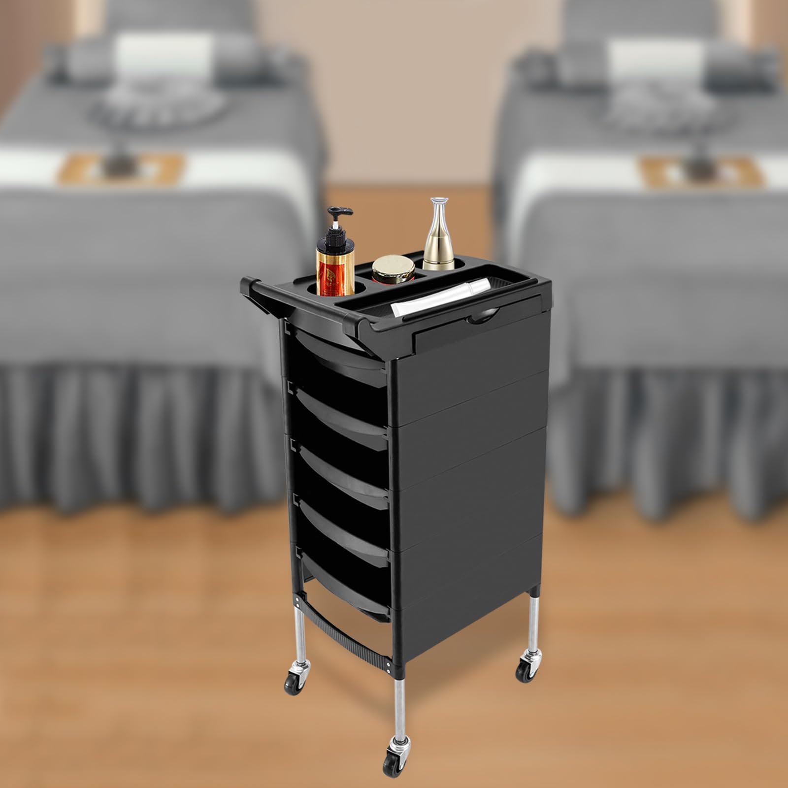 CaLaOCO Salon Trolley, with Handle and Rolling Wheels, 5 Drawers and 2 Hair Dryer Holder Side Tray, Black