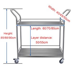 RANGPAN 2 Layer Stainless Steel Frame,Utility Cart,Lab Rolling Cart,w/ 360° Swivel Wheels Lockable,Ergonomic Handle,Catering Cart,for Foodservice/Restaurant/Cleaning/Workplace