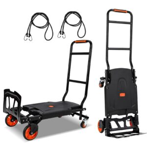 folding hand truck, 330 lbs capacity heavy duty dolly cart, 2 in 1 convertible hand cart with 4 wheels and 2 elastic ropes, collapsible platform cart for moving, luggage, travel, shopping, warehouse