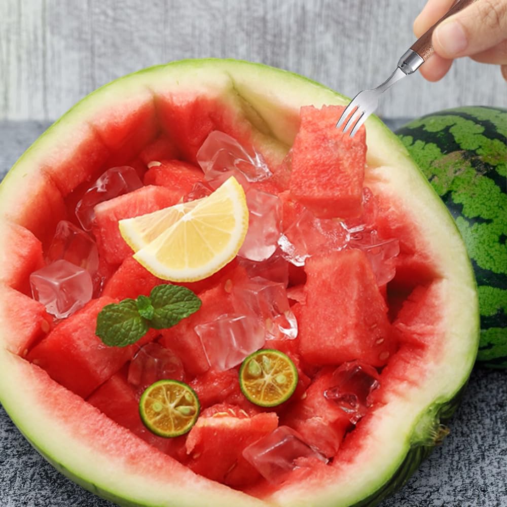 2 In 1 Stainless Steel Fruit Cutter, 2024 New Portable Dual Head Watermelon Cutter Slicer Tool, Stainless Steel Watermelon Fork Slicer Cutter for Summer Family Party Camping (Wood*2)