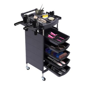 calaoco salon trolley, with handle and rolling wheels, 5 drawers and 2 hair dryer holder side tray, black