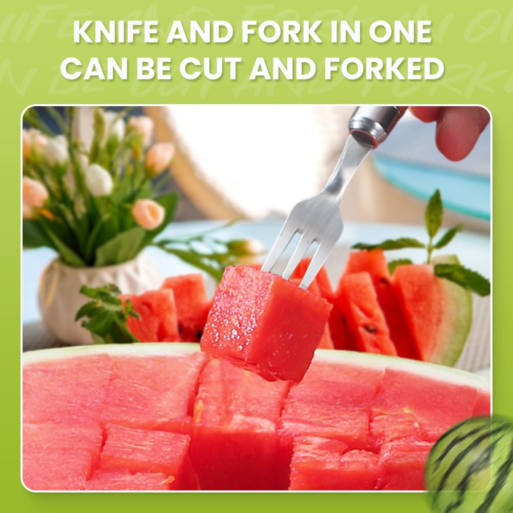 2 In 1 Stainless Steel Fruit Cutter, 2024 New Portable Dual Head Watermelon Cutter Slicer Tool, Stainless Steel Watermelon Fork Slicer Cutter for Summer Family Party Camping (Wood*2)