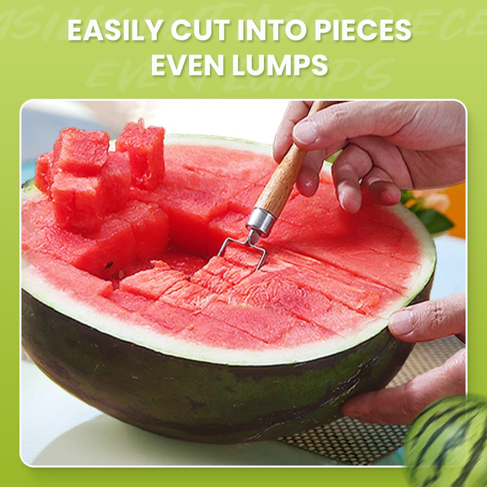 2 In 1 Stainless Steel Fruit Cutter, 2024 New Portable Dual Head Watermelon Cutter Slicer Tool, Stainless Steel Watermelon Fork Slicer Cutter for Summer Family Party Camping (Wood*2)