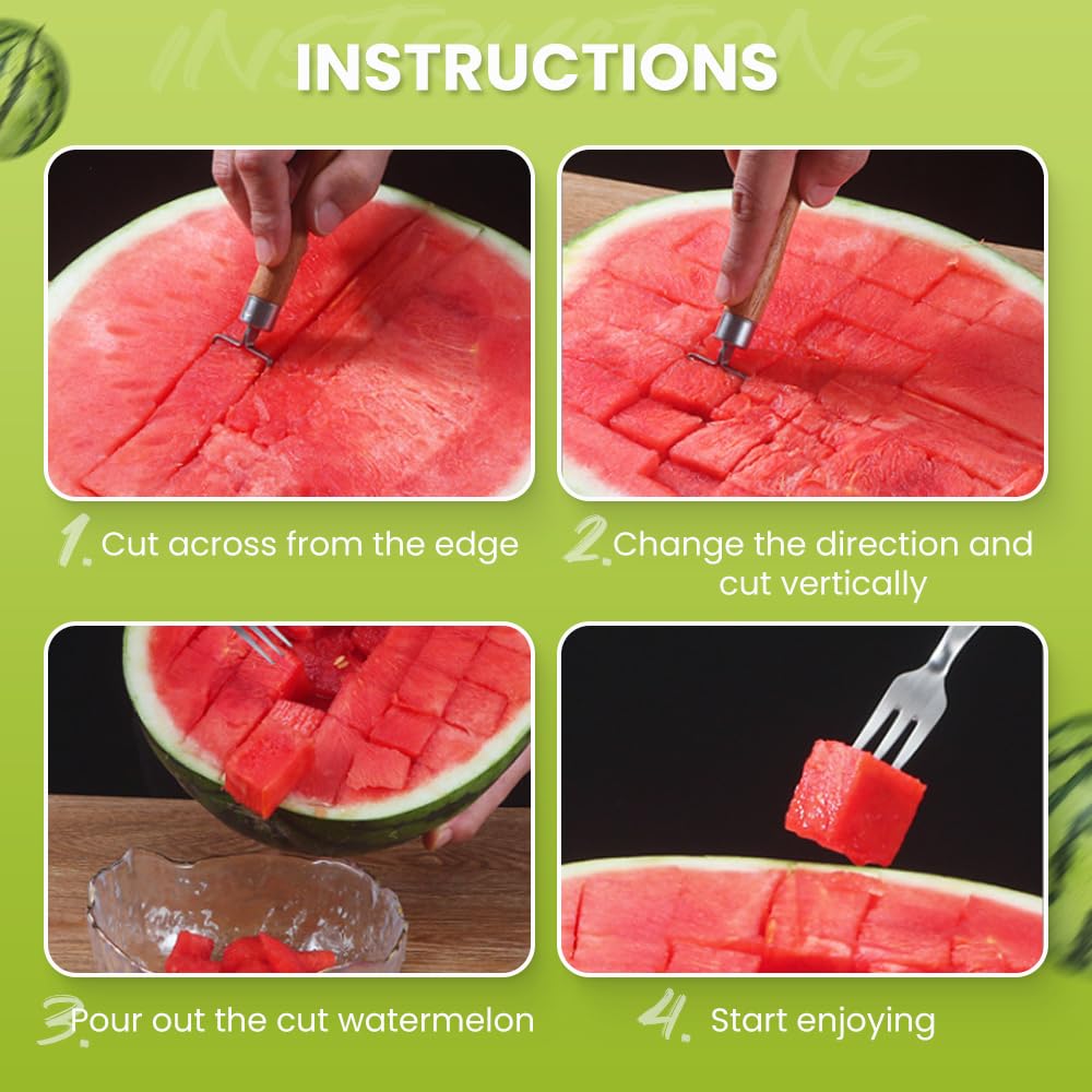 2 In 1 Stainless Steel Fruit Cutter, 2024 New Portable Dual Head Watermelon Cutter Slicer Tool, Stainless Steel Watermelon Fork Slicer Cutter for Summer Family Party Camping (Wood*2)