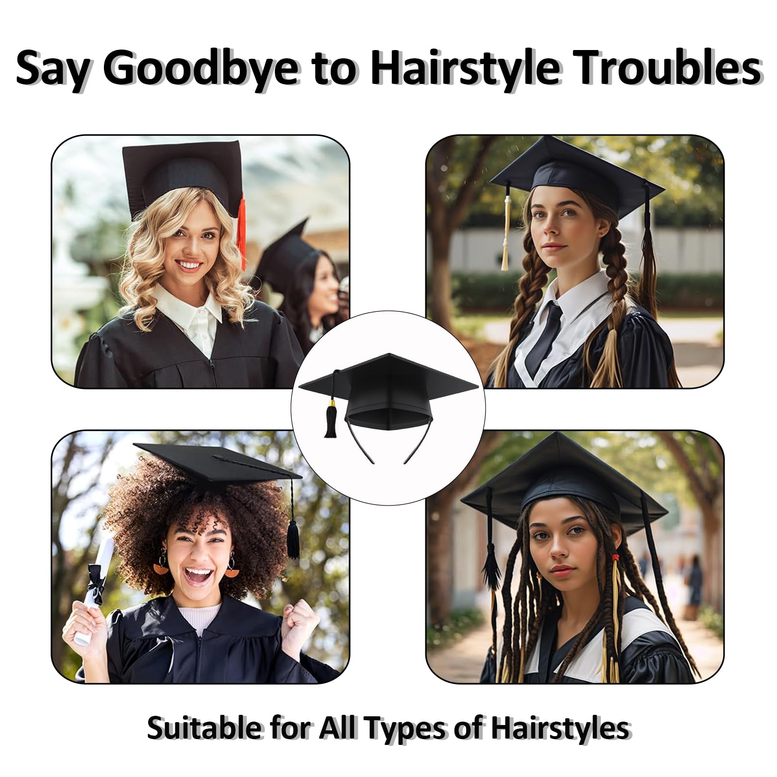 HuLiPaLi Graduation Cap Headband, 2 Pack - Protects Hair Style, Upgraded Comfort, Versatile Functionality, Firm & Stable - Black