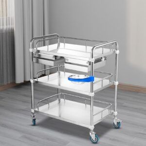 bbijk 304 stainless steel trolley, beauty salon treatment carts 3 tier lab cart portable serving utility rolling carts with heavy-duty caster with brake, 80*48*86cm