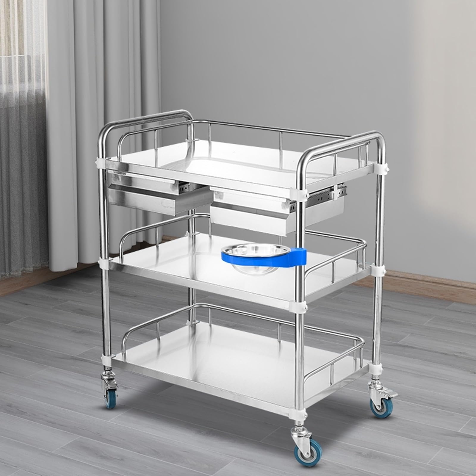 BBIJK 304 Stainless Steel Trolley, Beauty Salon Treatment Carts 3 Tier Lab Cart Portable Serving Utility Rolling Carts with Heavy-Duty Caster with Brake, 80*48*86cm