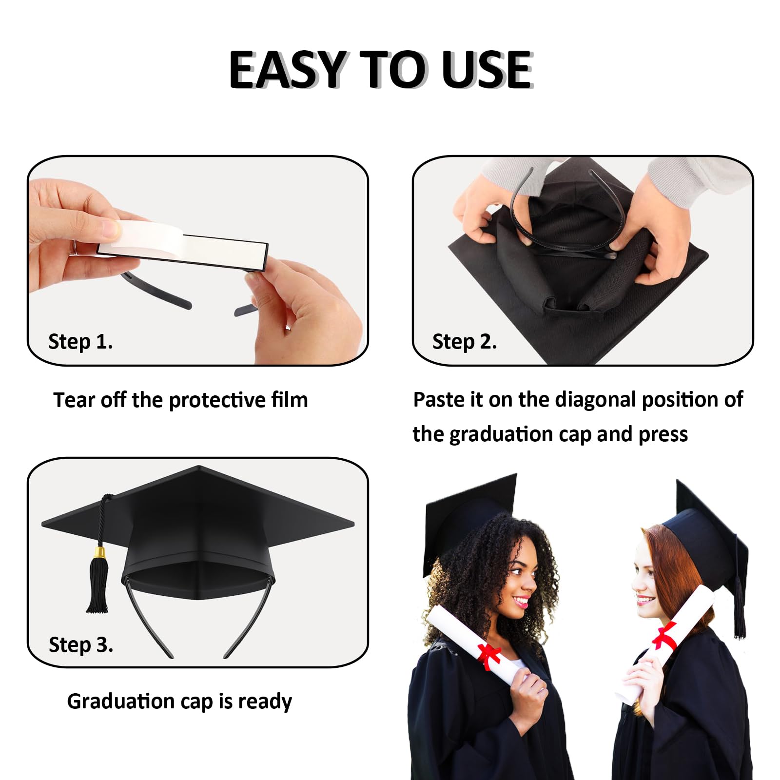 HuLiPaLi Graduation Cap Headband, 2 Pack - Protects Hair Style, Upgraded Comfort, Versatile Functionality, Firm & Stable - Black