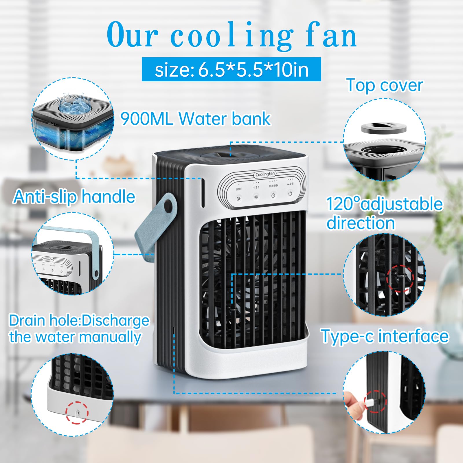 charmega Portable Air Conditioners,Portable AC 3in1 Mini Air Conditioner 900ML Evaporative Air Cooler with 3 Cool Mist,3 Wind Speed,7 LED Lights,2-8H Timer AC Portable for Room,Office,Bedroom