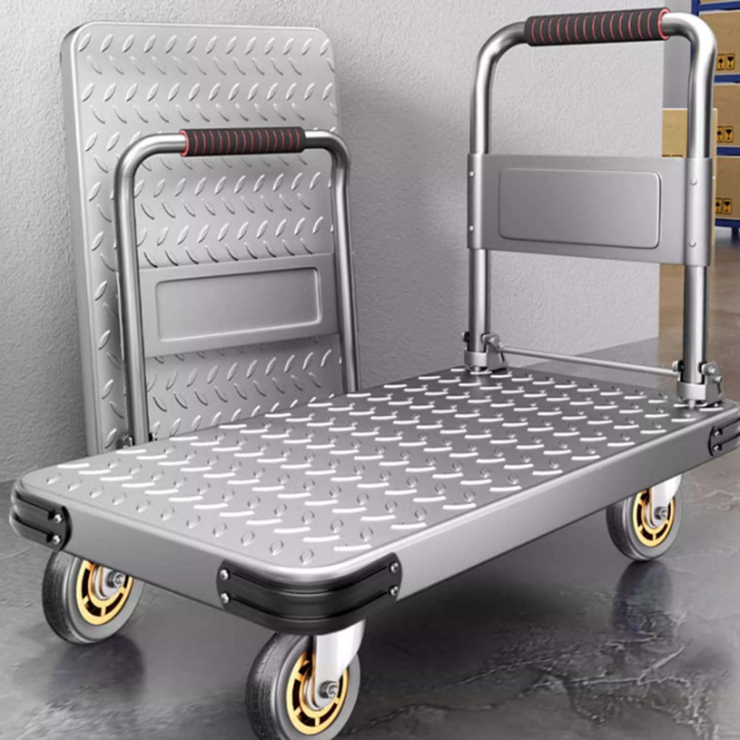 Platform Truck Folding Push Cart Steel Platform Truck Load 440 Lbs Flat Hand Truck Portable Flatbed Wagon 80 * 73 * 48cm Moving Dolly Cart Reliable