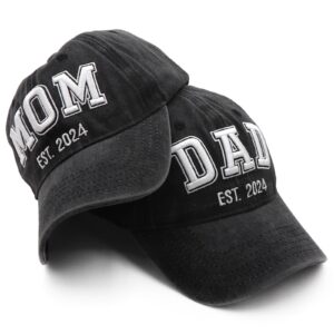 hiwelove 2pcs mom and dad est 2024 hats for men women, funny new dad mom gifts baseball cap new parents gifts for couples