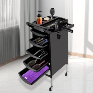 CaLaOCO Salon Trolley, with Handle and Rolling Wheels, 5 Drawers and 2 Hair Dryer Holder Side Tray, Black